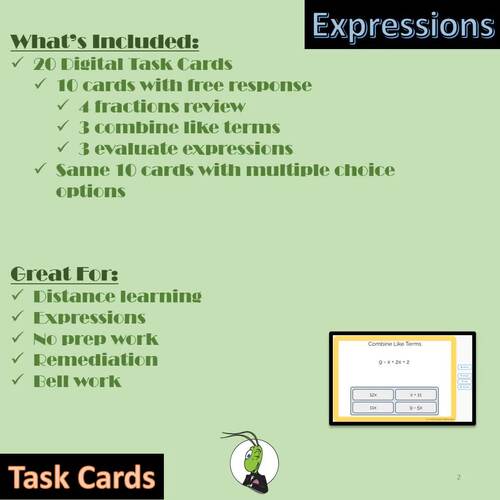 Evaluating Expressions, Combine Like Terms, Fractions Boom Digital Task ...