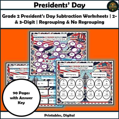 Grade 2 Presidents Day Subtraction Math 2 3 Digit Regroup No Regroup ...