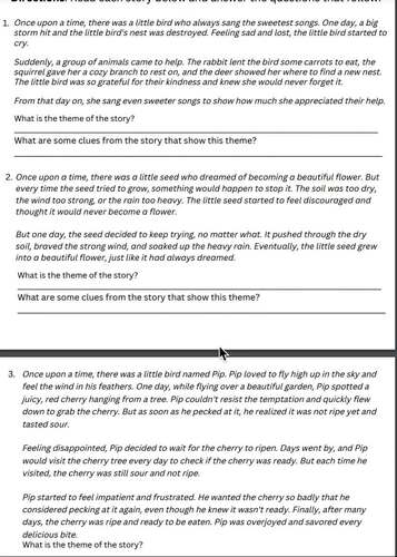 Theme Worksheet for Young Learners-- Elementary to Middle School