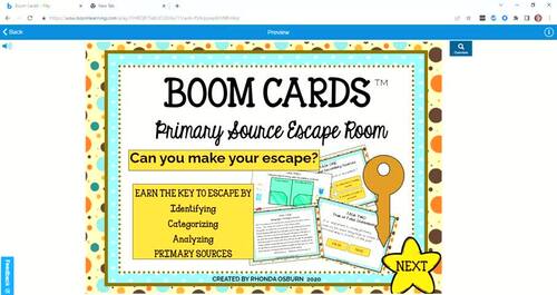Primary and Secondary Sources Escape Room Activity with BOOM CARDS