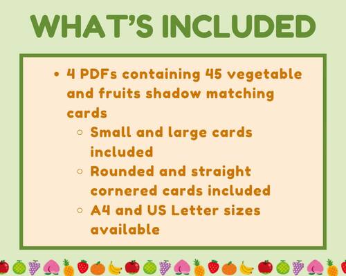 45 Vegetables and Fruits Shadow Matching Cards | Preschool Homeschool ...