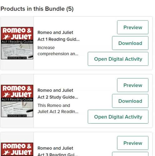 Romeo and Juliet Reading Guide Bundle W/ Questions For Act 1, Act 2 ...