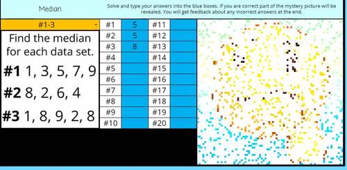 The Median 6th Grade Math Pixel Art Measures of Central Tendency Activity