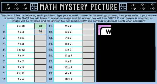 Multiplication Facts x 7 Math Mystery Picture Reveal | Joke | Multiply x 7