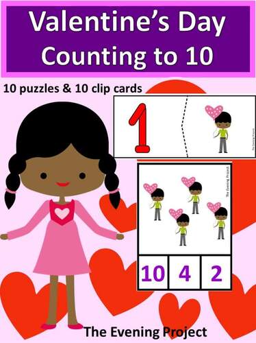 VALENTINE'S DAY TASK CARDS -10 CLIP CARDS & 10 2-PIECE PUZZLES/ 1-10