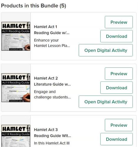 Hamlet Reading Guide Questions for Act 1, Act 2, Act 3, Act 4, and Act 5