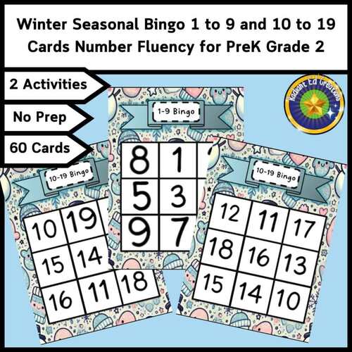 Winter Seasonal Bingo 1 to 9 and 10 to 19 Cards Number Fluency for PreK ...