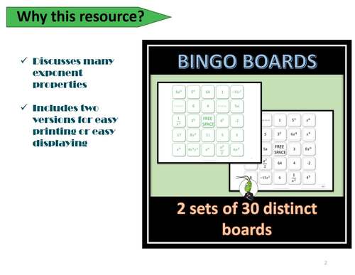 Exponent Rules BINGO Task Cards Algebra 1 Game by Grasshopper Mathematics