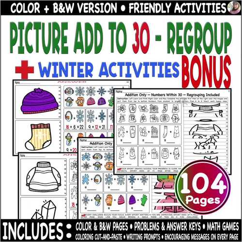 Addition With Pictures Within 30 | Winter Cut and Paste, Color Bonus ...