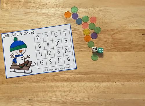 Addition to 12 Roll Add Cover Winter Dice Game Grades K-2 Math Centers