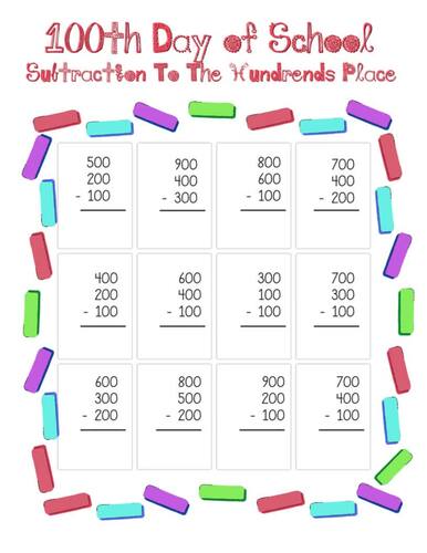 100th Day 3 Digit Subtraction To The Hundreds Place levelled centers