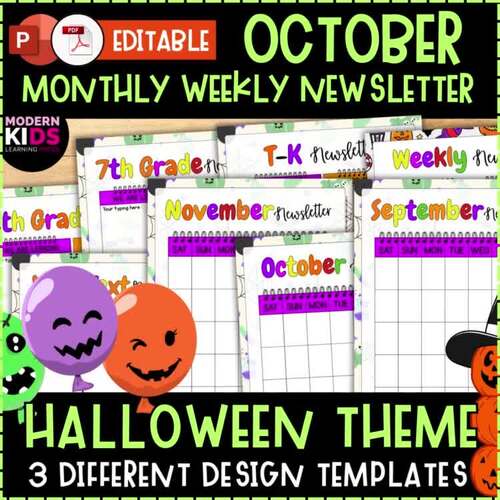 EDITABLE Month & Week October Halloween Day Theme Newsletter Templates