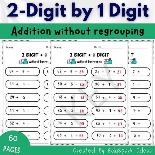 2-Digit + 1-Digit Addition Without Regrouping | Math Worksheet | TPT