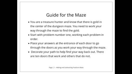 Adding and Subtracting Fractions Find the Gold Maze by Algebra Beagle