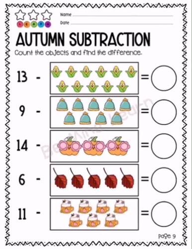 Subtraction within 20 with Pictures | Fall Math |Counting & Subtracting