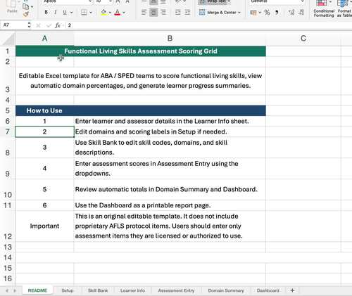 Automatic AFLS Basic Living Skills Assessment & Scoring Excel ABA SPED