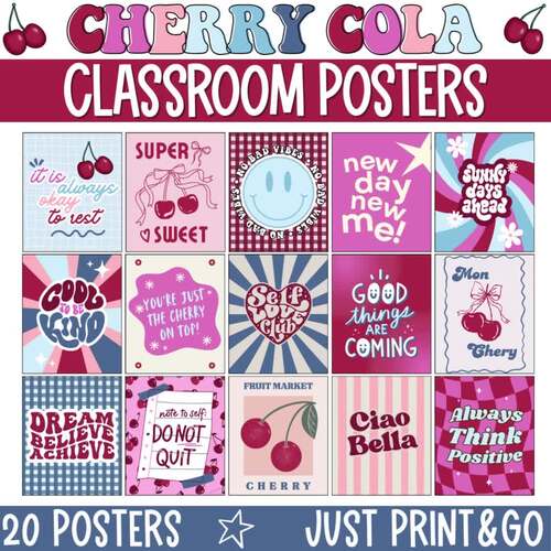 Retro Cherry Coquette Classroom Decor Posters, Collage Wall, 90s Bows Decor