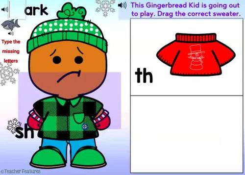 BOOM CARDS GINGERBREAD DIGRAPHS (SH, CH, WH, TH) Dress the Gingerbread Kid