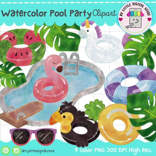 Watercolor Summer Pool Party Clipart by MyLittleDigitalStore | TPT
