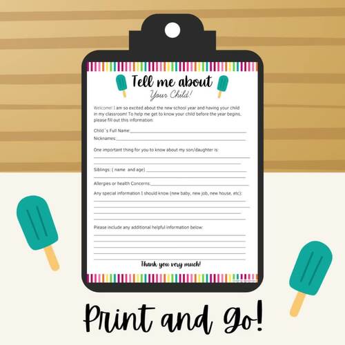 Tell me about your Child! Questionnaire/Parent Form Cute Ice cream ...
