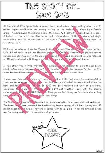 Spice Girls Music Study Activities and Worksheets by Class of Creativity
