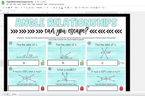 Angle Relationships Self-Checking Digital Escape Activity by Math With ...