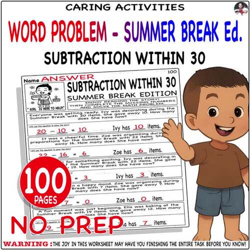 Subtraction within 30 word problem math fluency worksheets - Summer ...
