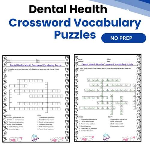 February Dental Health Month Crossword Puzzle Vocabulary Word Find Puzzles