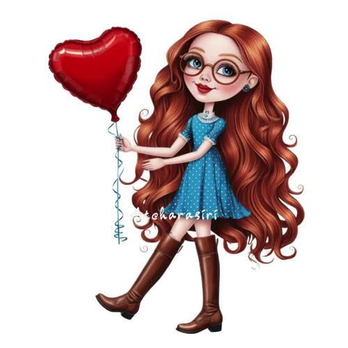 Quirky Girls with Heart Balloons Clipart: 12 PNG Files with Transparent ...