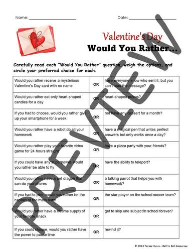 February Activity: Would You Rather Worksheets, Word Searches, & Mazes