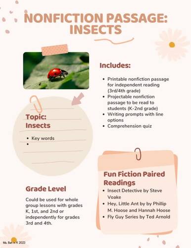 Insects (Nonfiction Passage, Writing Prompts, & Comprehension Check)
