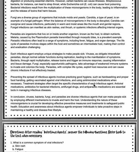 Infectious Agents Reading Comprehension Worksheet with Writing Task