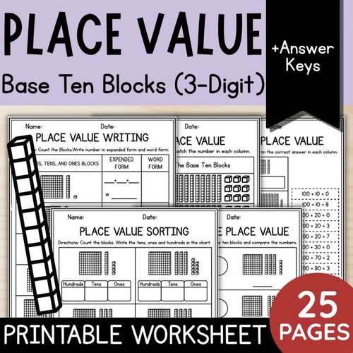 Place Value Base Ten Blocks 100 to 200 3-Digit Worksheets | 1st & 2nd ...