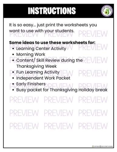 No-Prep Thanksgiving Language and Math Activities/ Worksheets Grades 1-3