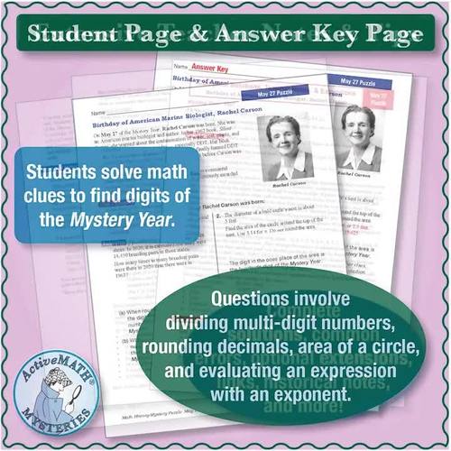 May 27 Mystery Year Puzzle: Biologist & Writer Rachel Carson | Grades 6 ...