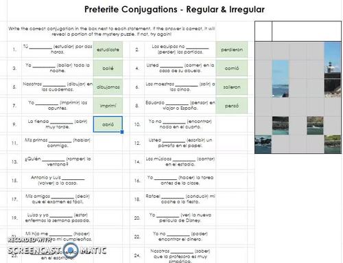 Preterite Tense Regular and Irregular Verbs Spanish Mystery Picture Puzzle