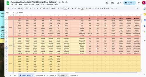Speech Therapy Data Collection Spreadsheet: Auto-pop Word Lists for ...