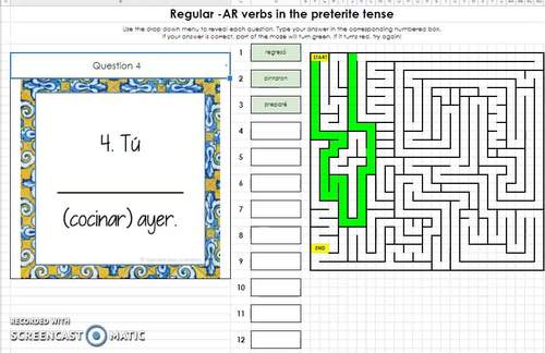 Regular AR verbs Preterite Tense Digital Maze for Spanish | TPT