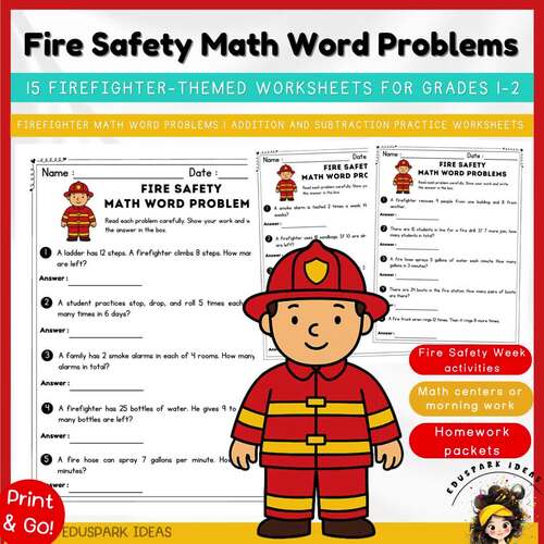 Fire Safety Week Math Activities | Firefighter Word Problem Worksheets ...