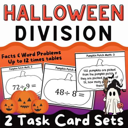 Halloween Math Division Facts Practice Task Cards Word Problems Models