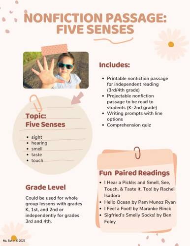 Five Senses (Nonfiction Passage, Writing Prompts, & Comprehension Check)