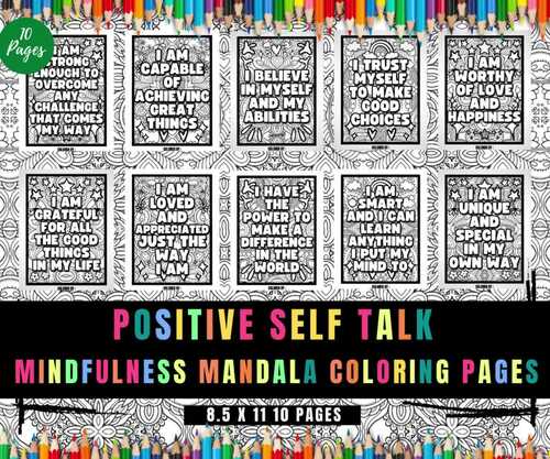 Positive Self Talk Mindfulness Mandala Coloring Pages, Printable Growth ...