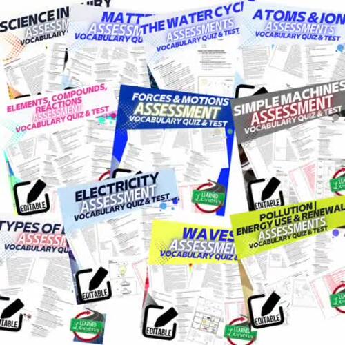 Physical Science Assessments, Tests & Quizzes, NGSS Editable Bundle