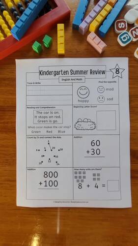 Kindergarten Summer Packet Daily Review Worksheet for English and Math ...