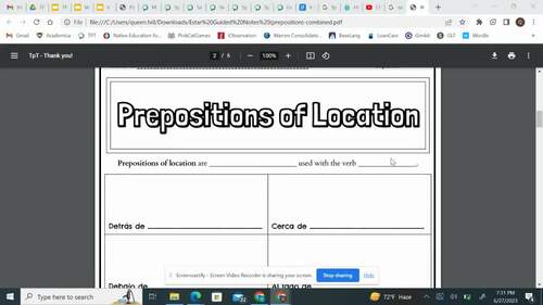 Guided Notes ~ Spanish Vocabulary- Estar and Prepositions of Location