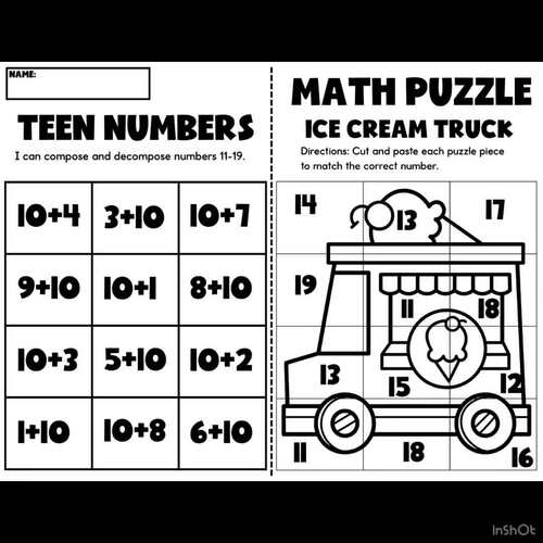 Teen Numbers No Prep Cut and Paste Math Puzzles by Serendipity Math Shop