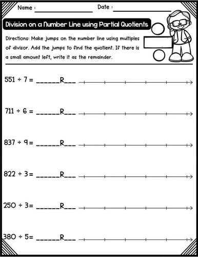 3 Digit by 1 Digit Division Partial Quotients with Number Line Worksheets