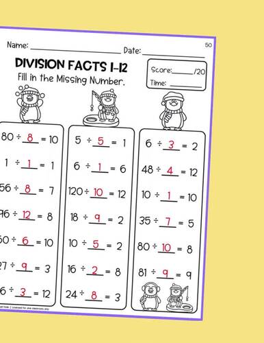 Penguin Division Facts 1–12 Worksheets Fill in the Missing Divisors No ...