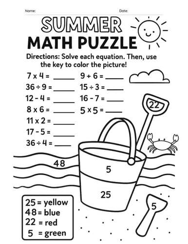 Summer Math Puzzles – Fun Color & Logic Activities for Grades 1–5