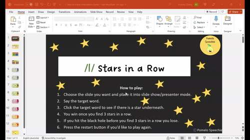 Stars in a Row PowerPoint Game - /l/ initial, medial, final artic